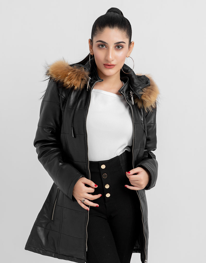Buy Mabel Fur Trim Quilted Black Leather Coat with Hood - LeathersInn