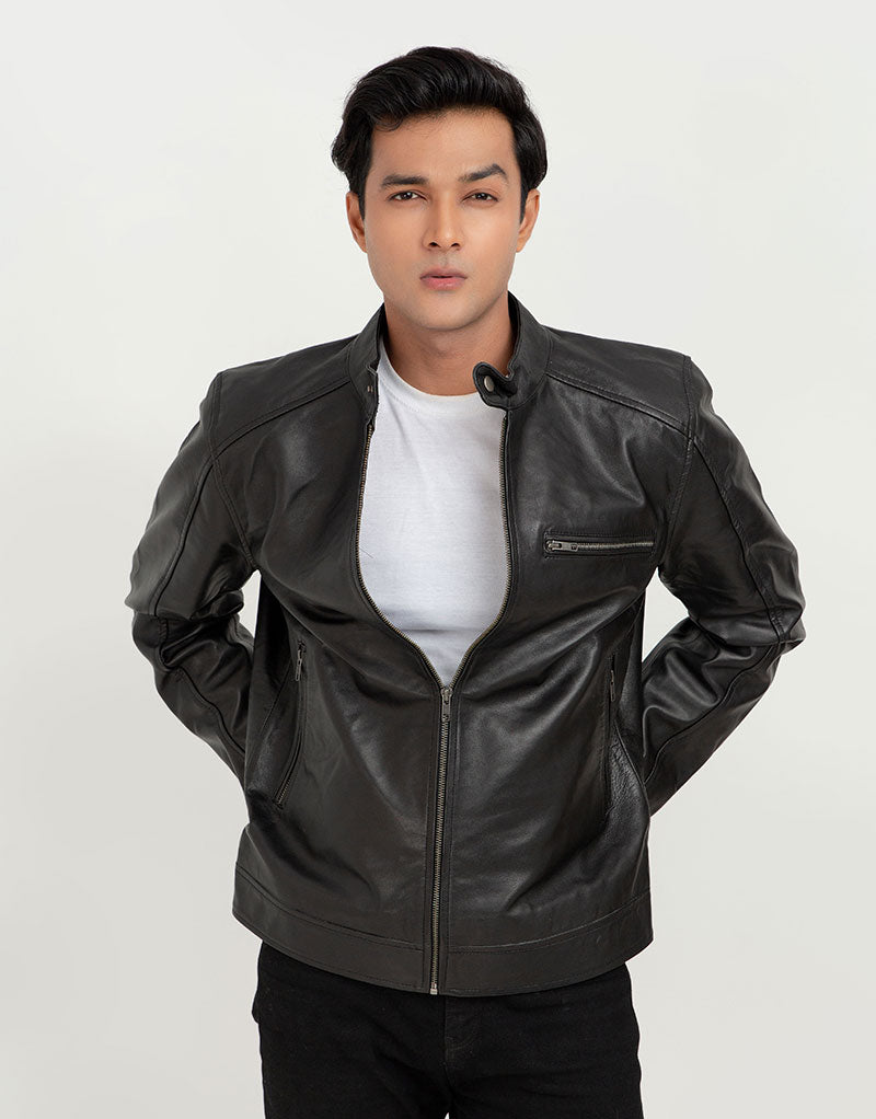Buy Ryerson Black Leather Biker Jacket - LeathersInn